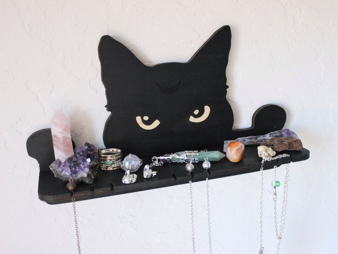 Black Cat Wall Shelf: Crystal Display, Necklace Holder, Cat Lover Gift ...