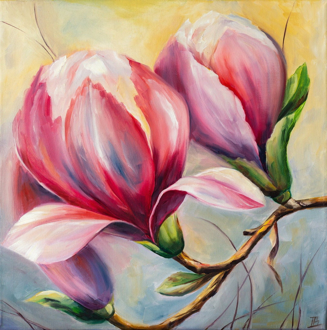 Original Still Life Oil Painting With Magnolia Tree Blossoms, Flowers ...