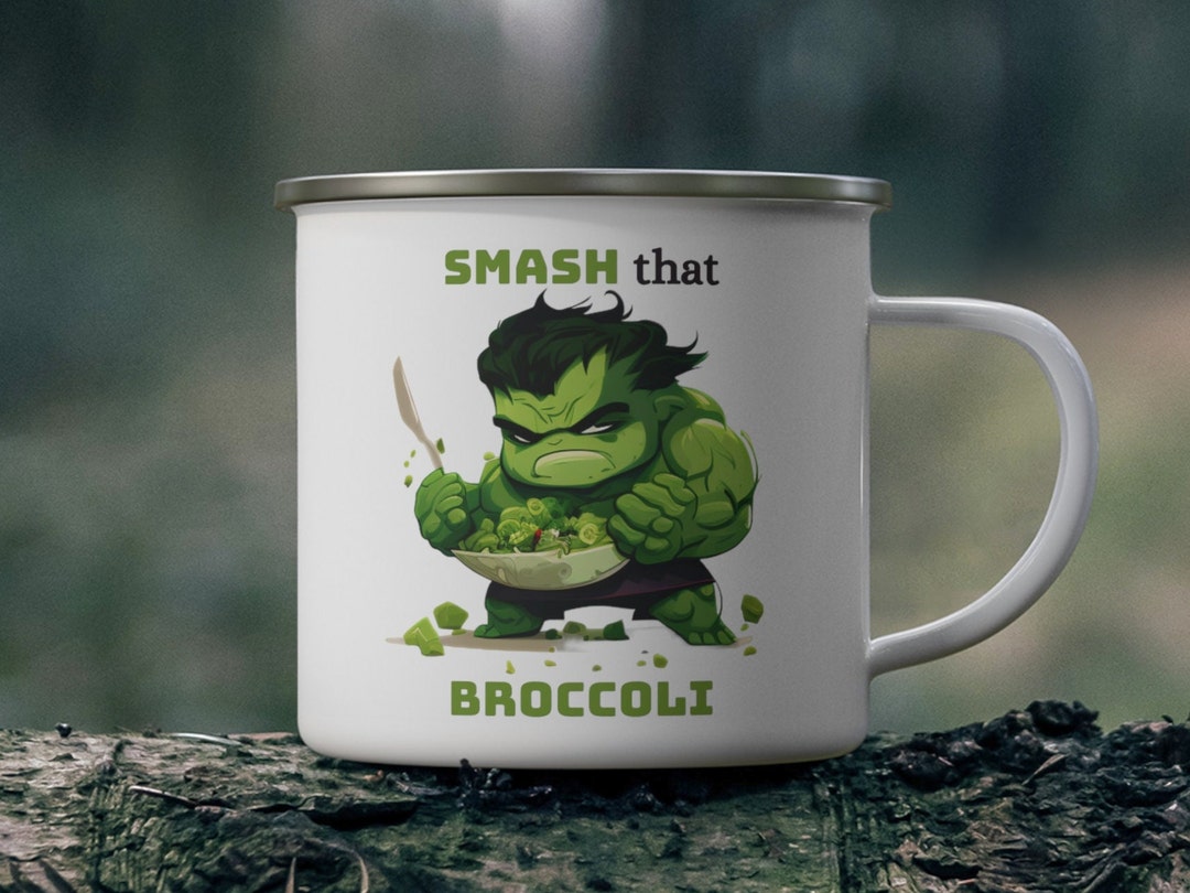 Custom Smash That Broccoli Super Hero Enamel Mug, Vegan Mug, Birthday ...