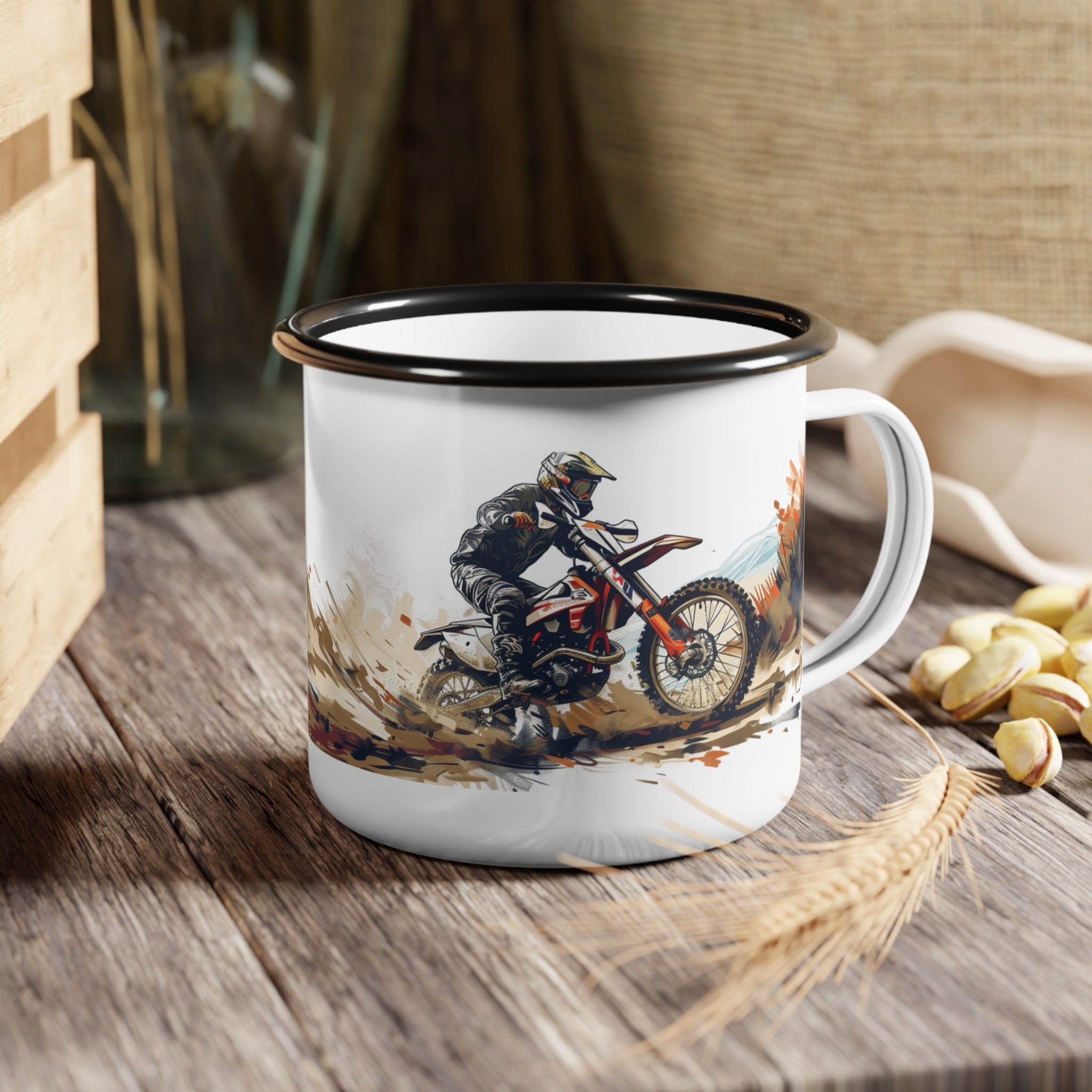 Adventure-ready Enamel Motorcycle Mug Bold Colors, Enduro Rider's ...