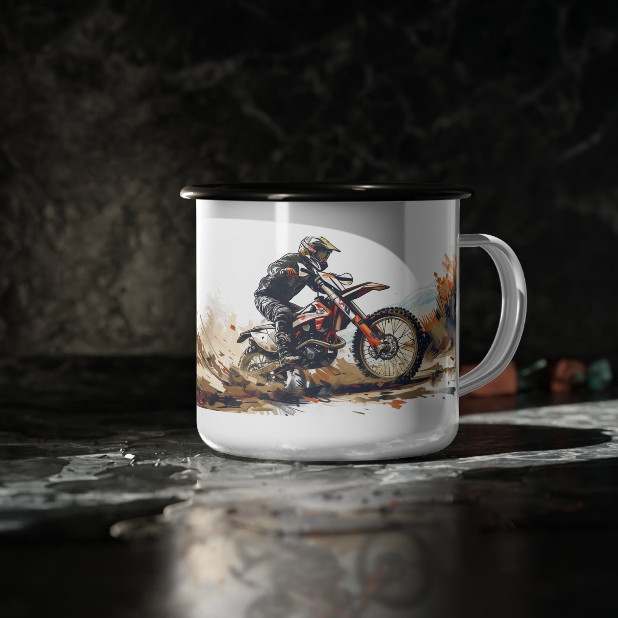 Adventure-ready Enamel Motorcycle Mug Bold Colors, Enduro Rider's ...