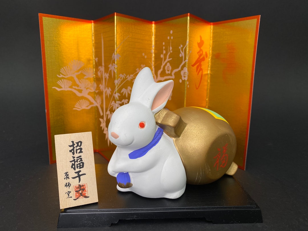 Japanese Rabbits With Blessed Lucky Hammer Figurine Ceramic Ornament ...