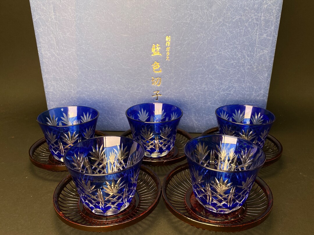 Japanese Edo Kiriko Crystal Teacups Set With Box, 5 Cups With Bamboo ...