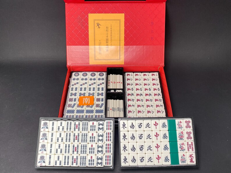Japanese Riichi Mahjong Set Green Back Tiles, 4 Red Fives Aka Dora ...