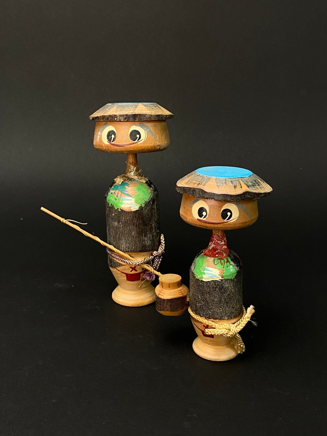 Japanese Kokeshi Wooden Doll Set of 2, Pair of Blue Hat Fishing Dolls ...