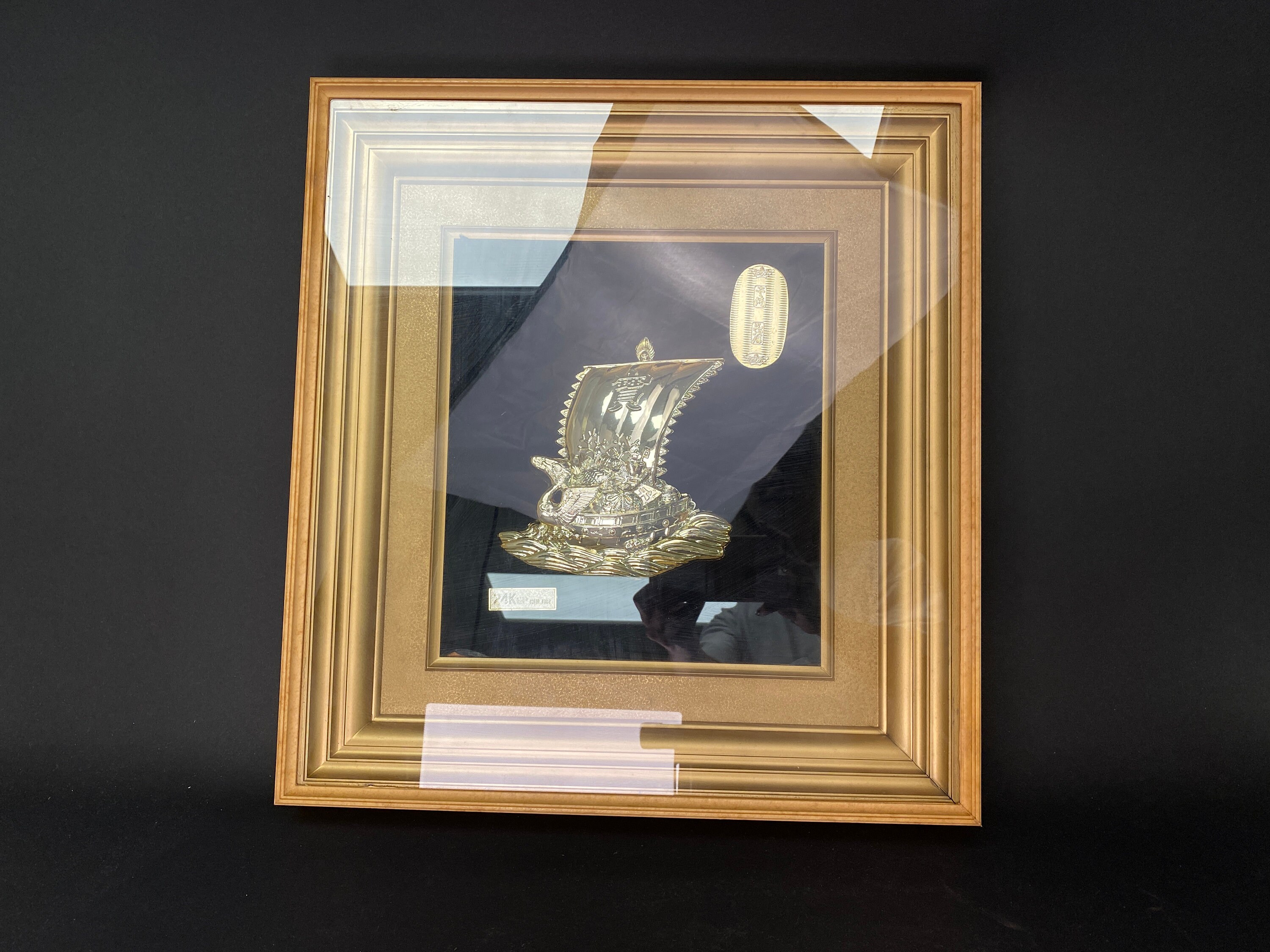 RARE Japanese 24KGP Lucky Treasure Ship 3D Figurine Wooden Frame H17 ...