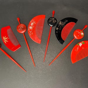 Maiko Geisha Kanzashi Set, Japanese Wood Red Comb & Hair Stick, Gold ...