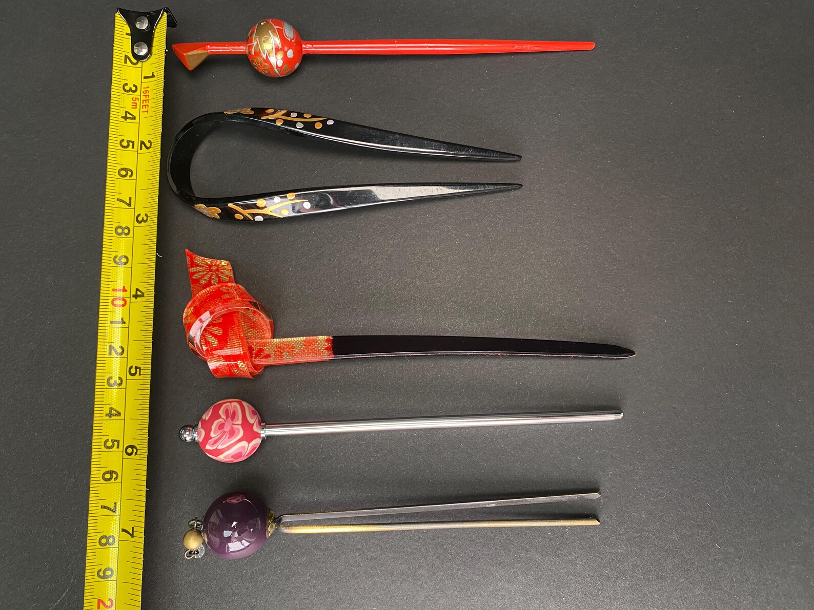 Japan Kanzashi Kimono Geisha, Red & Black Hair Stick, Metal Tama, Kushi ...