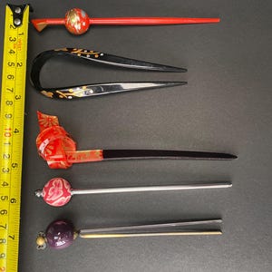 Japan Kanzashi Kimono Geisha, Red & Black Hair Stick, Metal Tama, Kushi ...