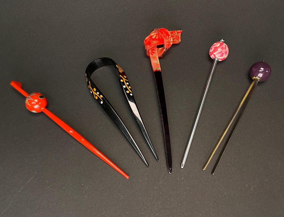 Japan Kanzashi Kimono Geisha, Red & Black Hair Stick, Metal Tama, Kushi ...