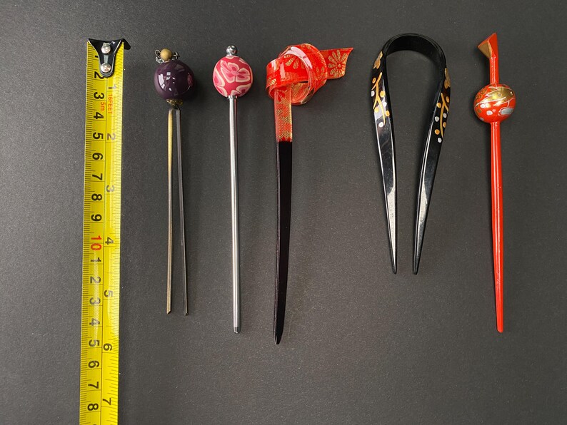Japan Kanzashi Kimono Geisha, Red & Black Hair Stick, Metal Tama, Kushi ...