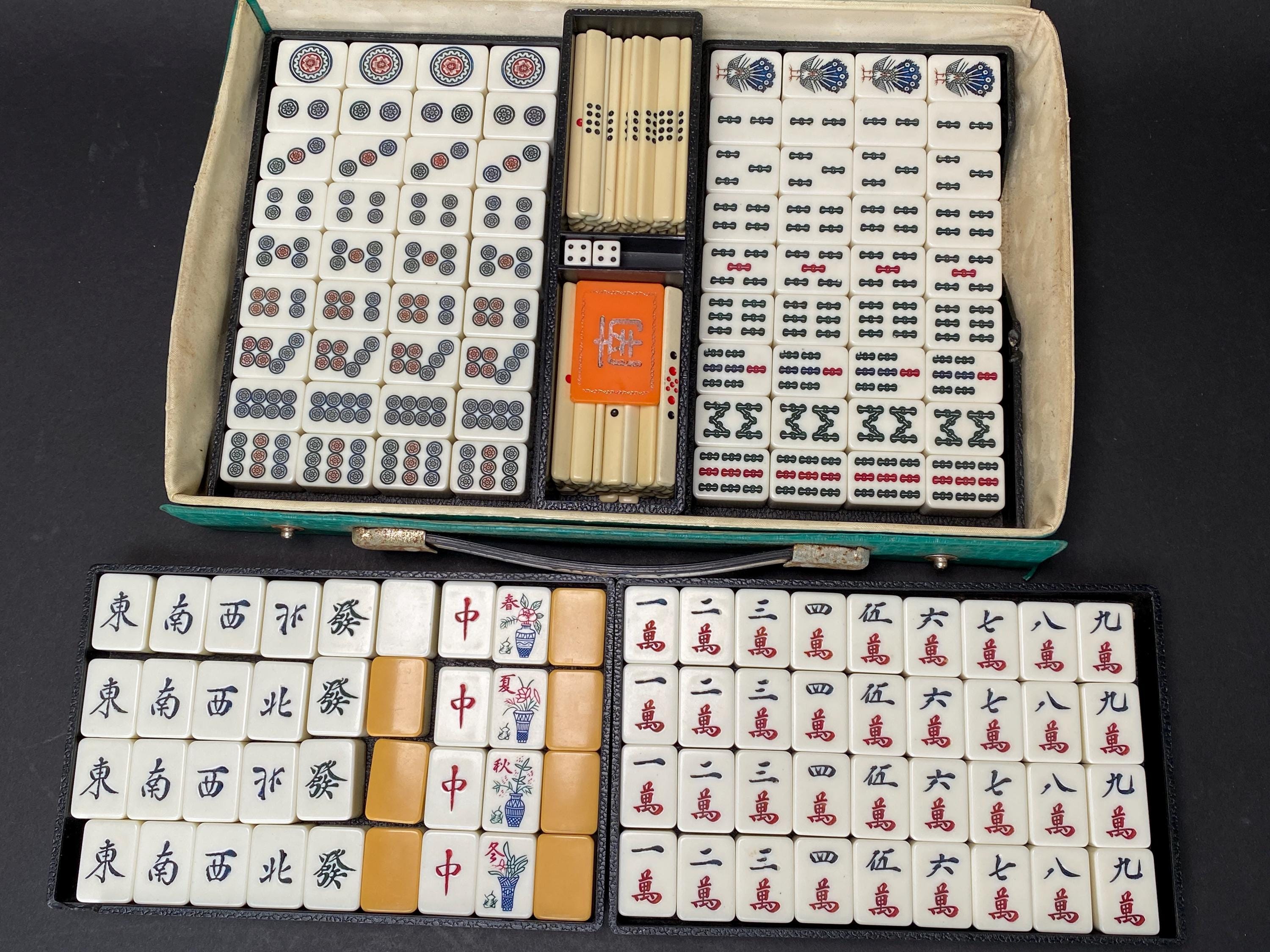 Japanese Mahjong Tile Antique Set: Yellow Back Resin Tiles in Rare Teal ...