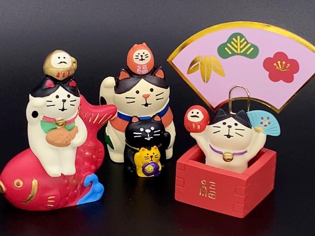 Japanese Decole, Zakka Lucky Stacked Cat, NEW, Maneki Neko, Riding Fish Cat, Cat Ornament, Cat ...