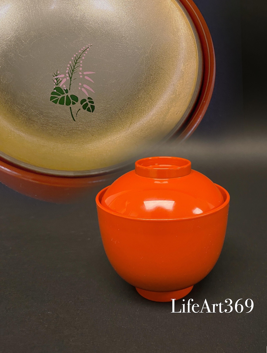 Japanese Lidded Bowl, Lacquer Ware Urushi Red Bowl W/gold Painting ...