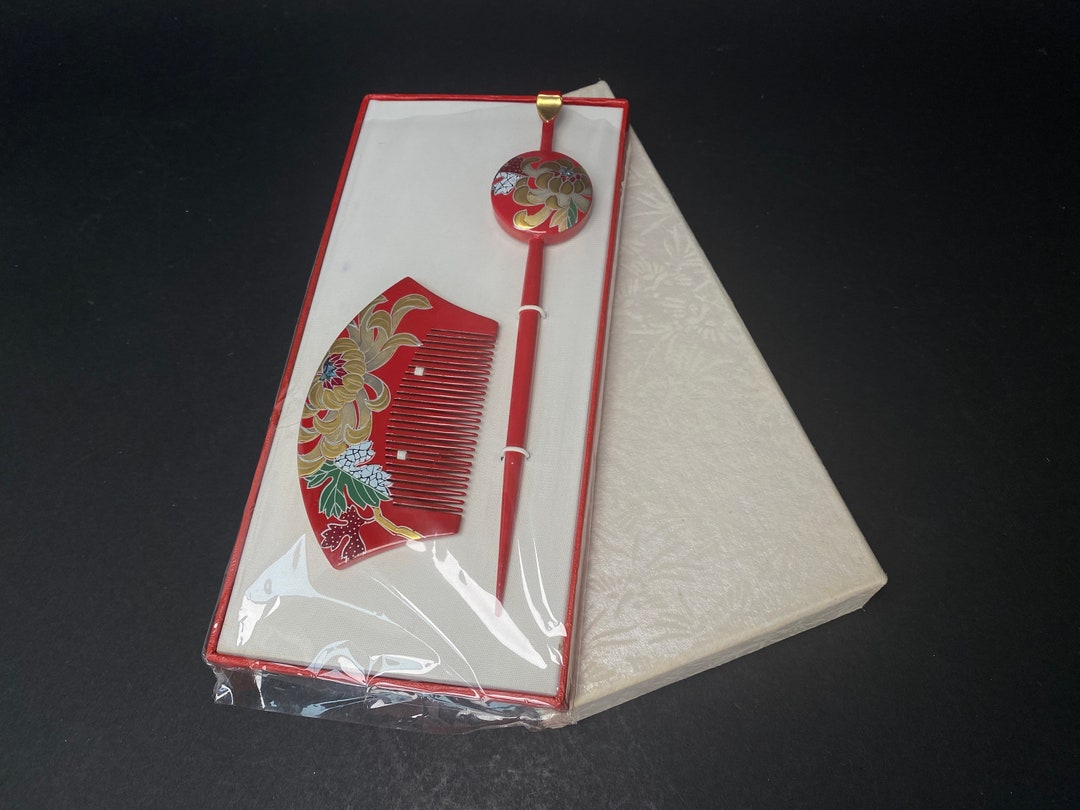Japanese Maiko Geisha Hair Accessories Set Comb+ Hair Pin, Red & Gold ...