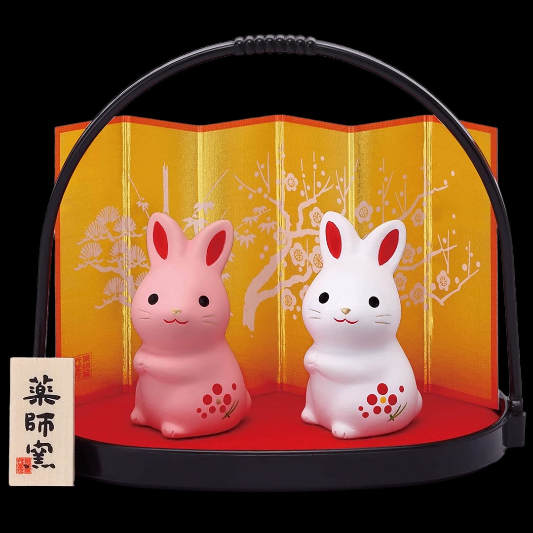 PAIR Zodiac Rabbit With Basket, Japanese Pink & White Rabbit, ETO ...