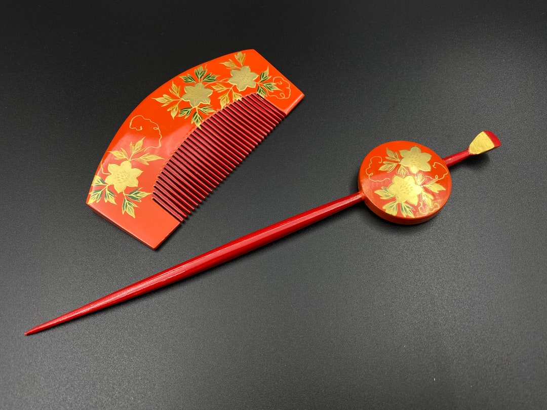Maiko Geisha Hair Accessories Set, Japanese Wood Red Comb & Hair Stick ...