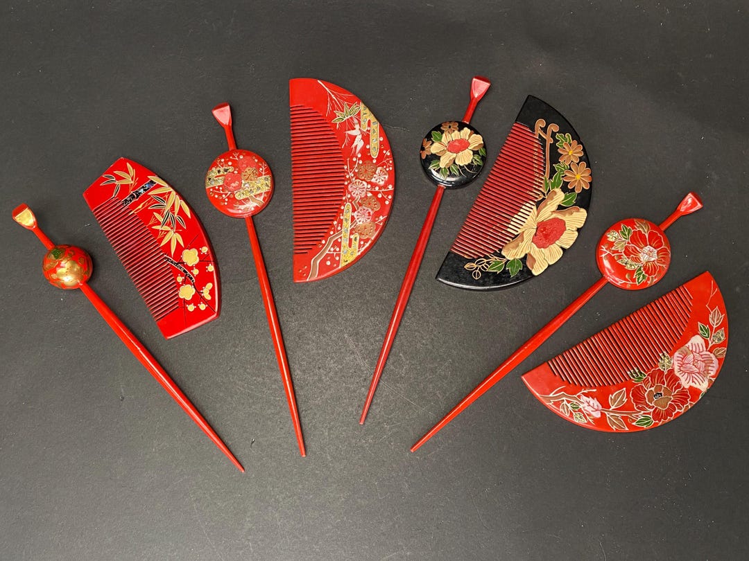Maiko Geisha Kanzashi Set, Japanese Wood Red Comb & Hair Stick, Gold ...
