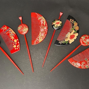 Maiko Geisha Kanzashi Set, Japanese Wood Red Comb & Hair Stick, Gold ...