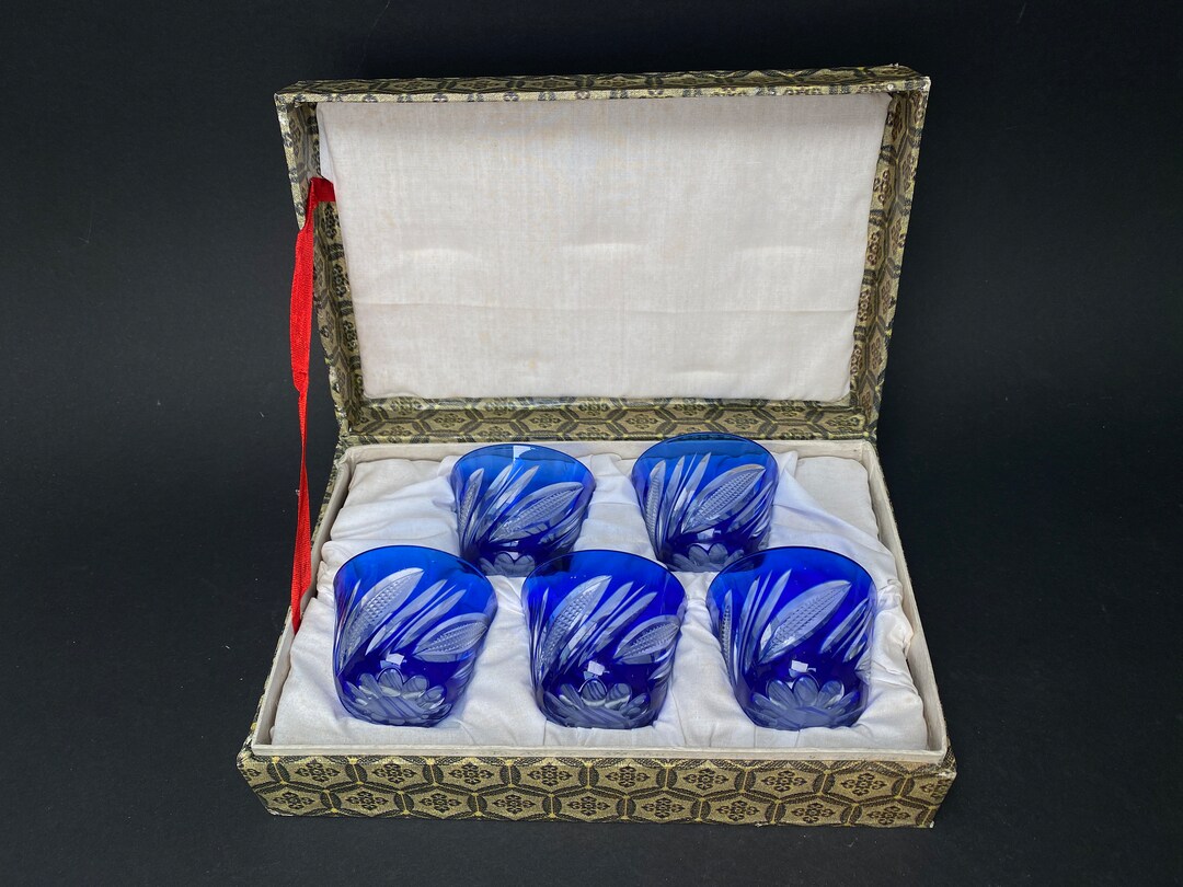 Glass Craft Edo Kiriko Cold Sake Cups, Original Gift Box, SET of 5, Japanese Craft Shochu Sake ...