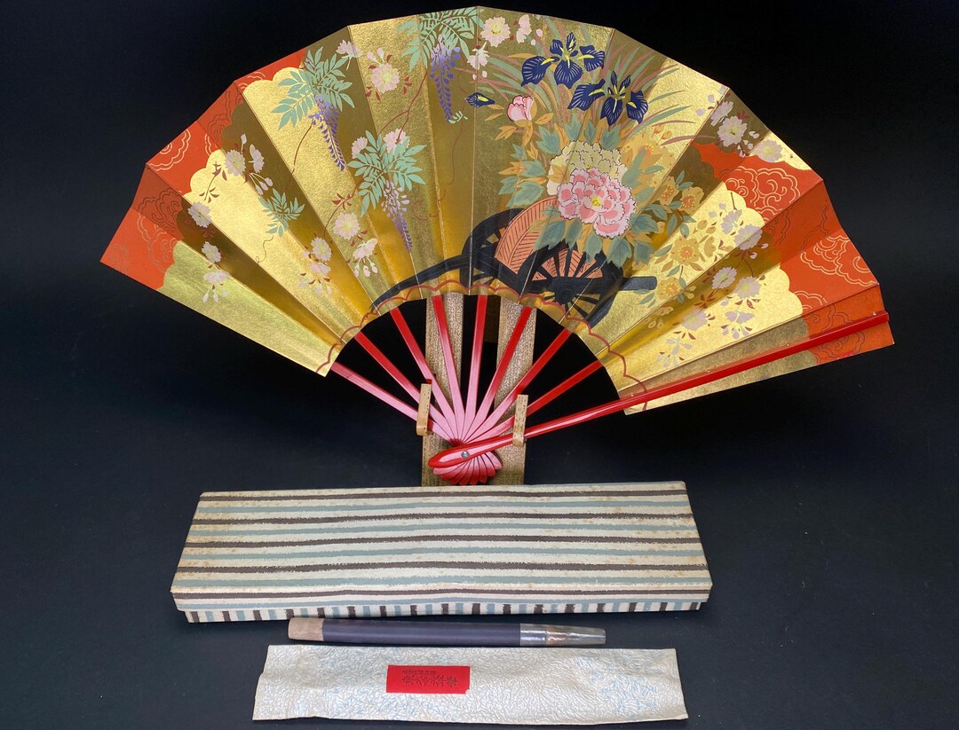 Japanese Folding Dancing Fan With Bamboo Stand and Brush, Traditional ...