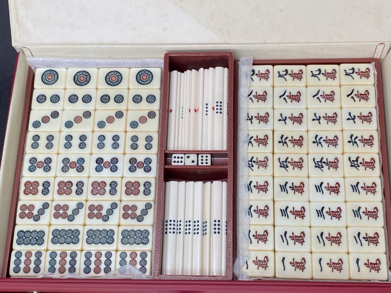 Japanese Riichi Mahjong Set Green Back Tiles, 2 Red Fives Aka Dora ...