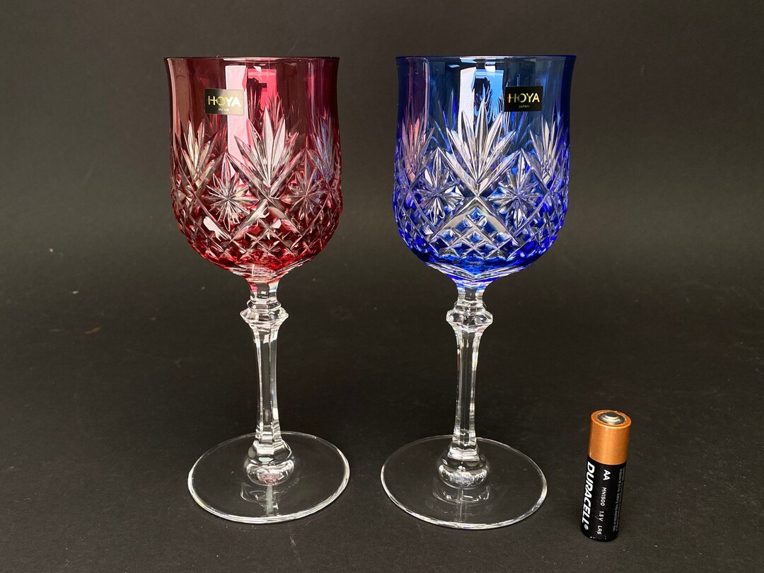 Hoya Crystal PAIR Goblets, Kiriko Crystal Goblets, Blue & Pink ...