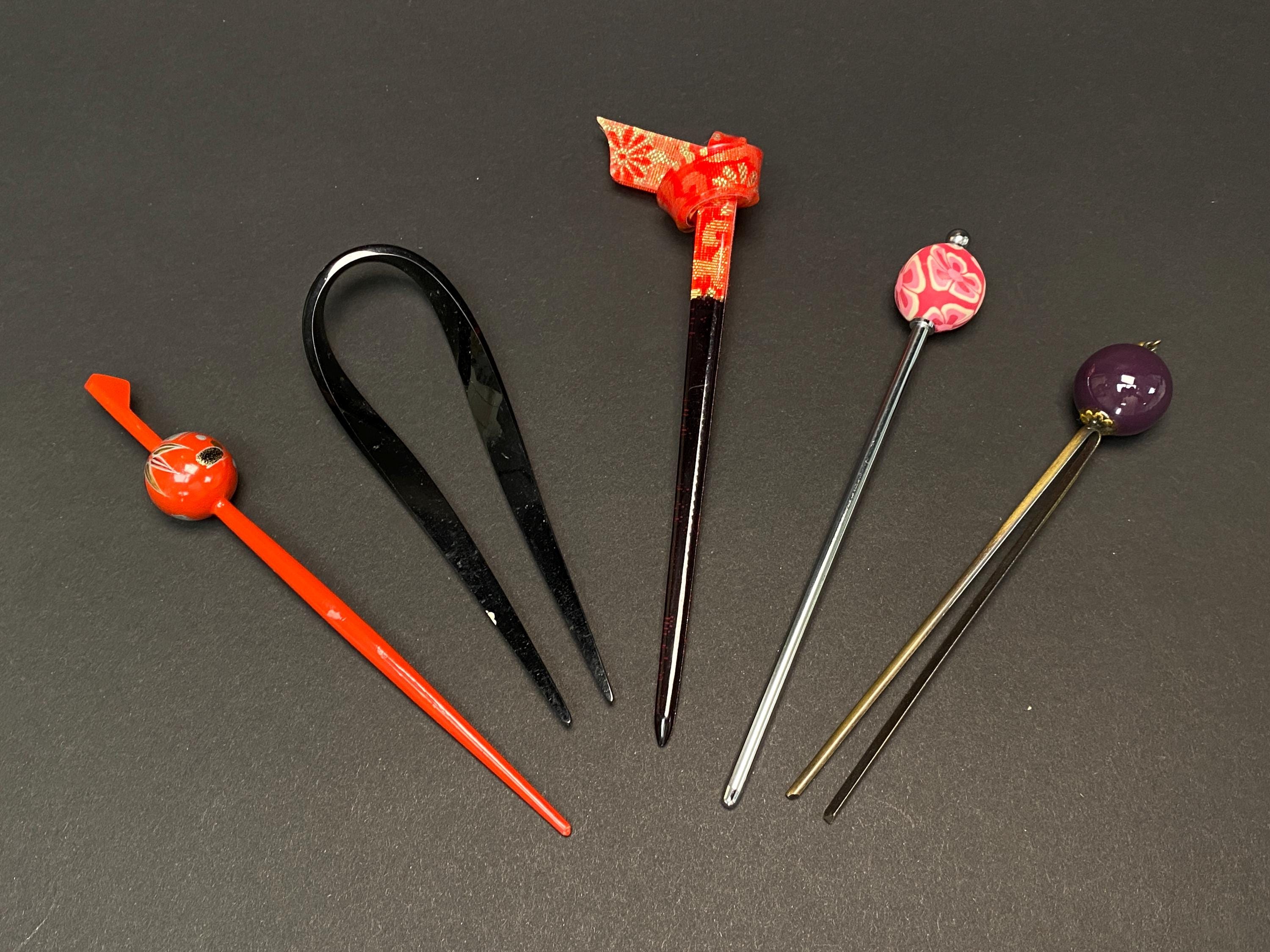 Japan Kanzashi Kimono Geisha, Red & Black Hair Stick, Metal Tama, Kushi ...
