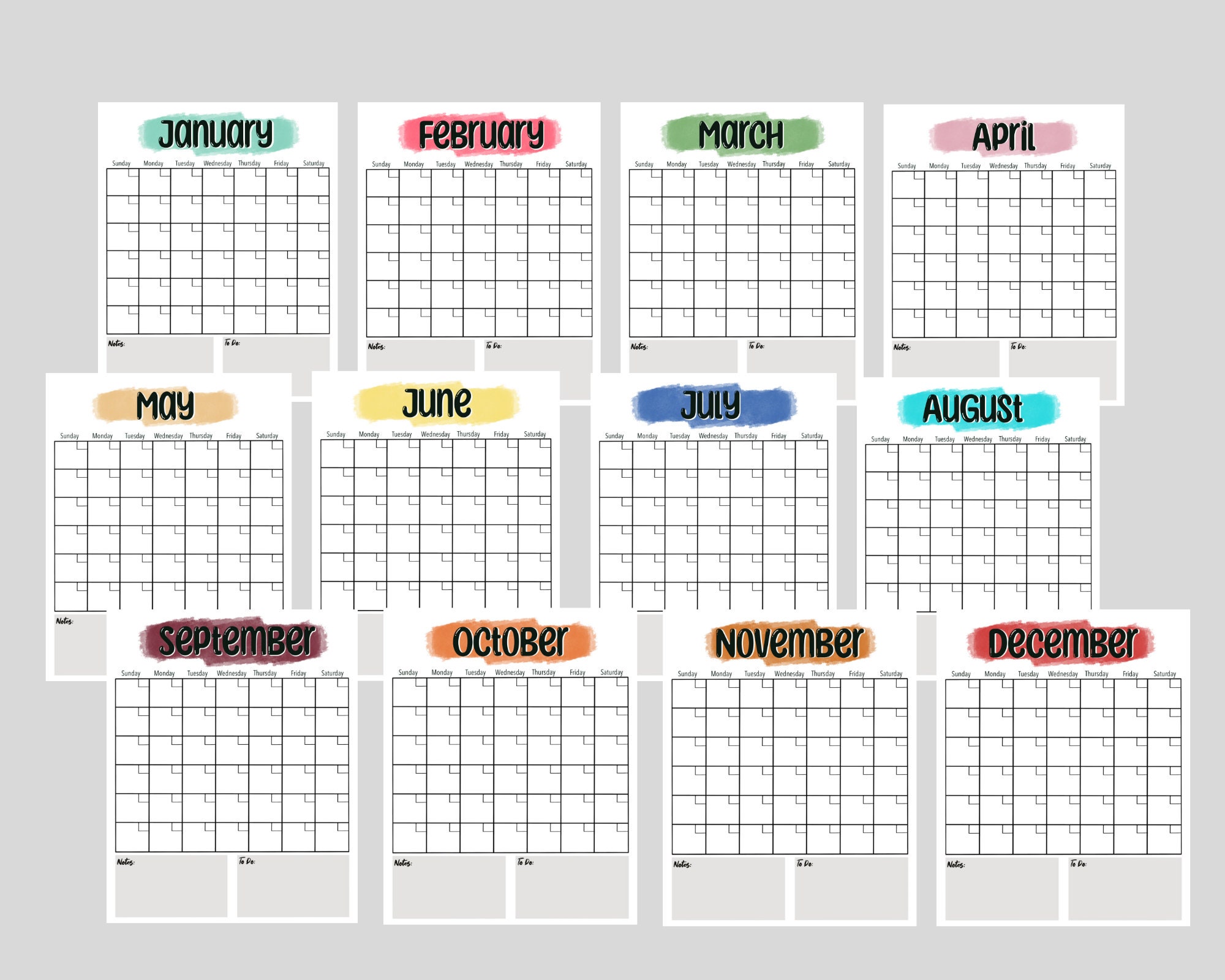 Printable Calendar, 12 Month Printable Calendar, Vertical Blank ...