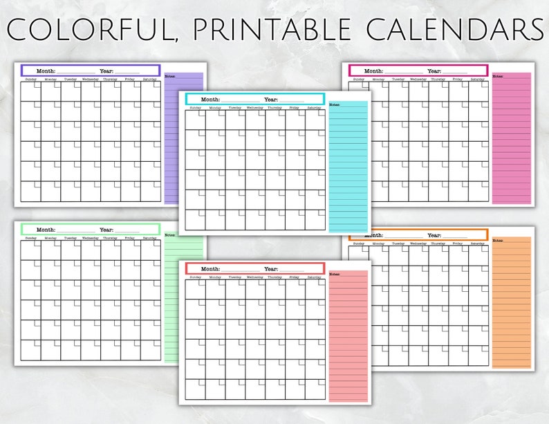 Printable Calendar, Colorful Printable Calendar, Horizontal Blank ...