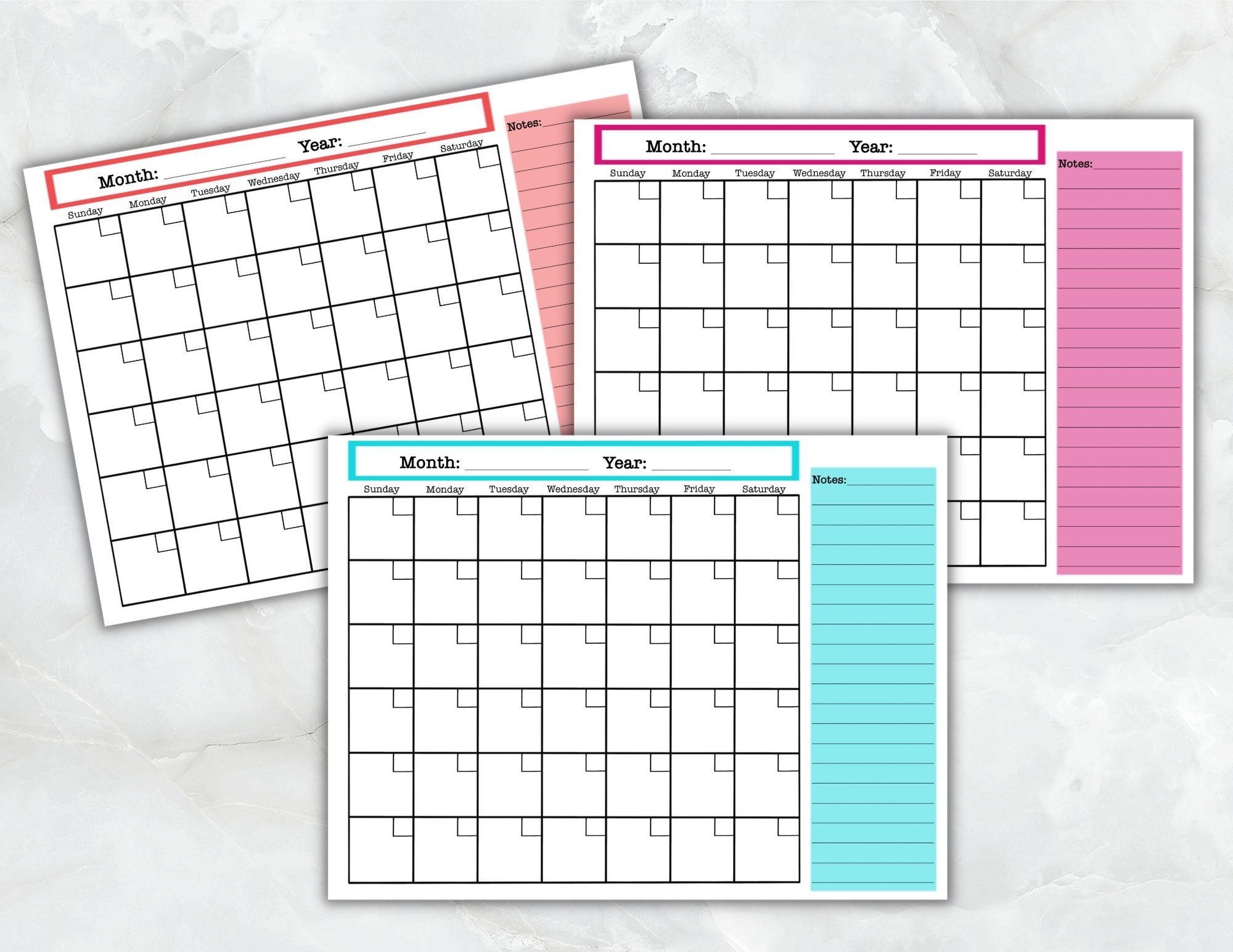 Printable Calendar, Colorful Printable Calendar, Horizontal Blank ...