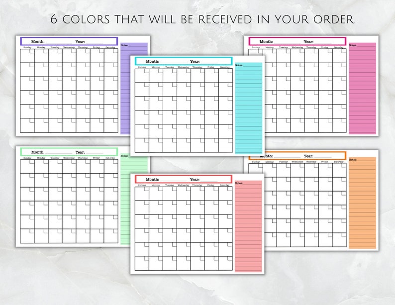 Printable Calendar, Colorful Printable Calendar, Horizontal Blank ...