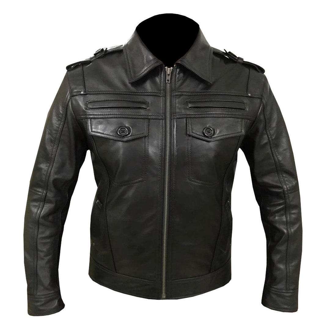 Black Leather Jacket With Epaulettes, Spilte Collar, Adjustable Waist ...