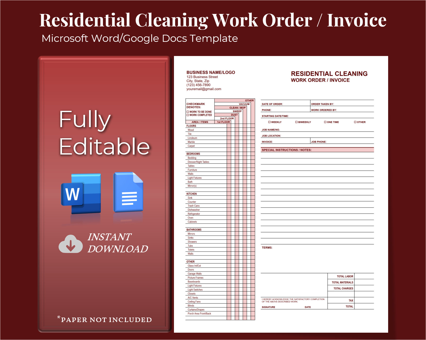 Residential Cleaning WORK ORDER / INVOICE Cleaning Service - Etsy