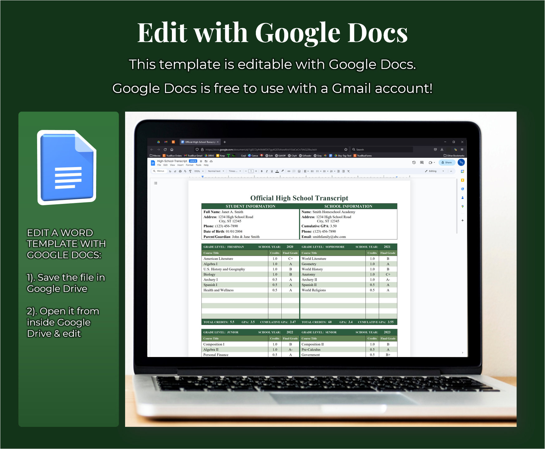 Homeschool High School Transcript Template Google Docs, Home School ...
