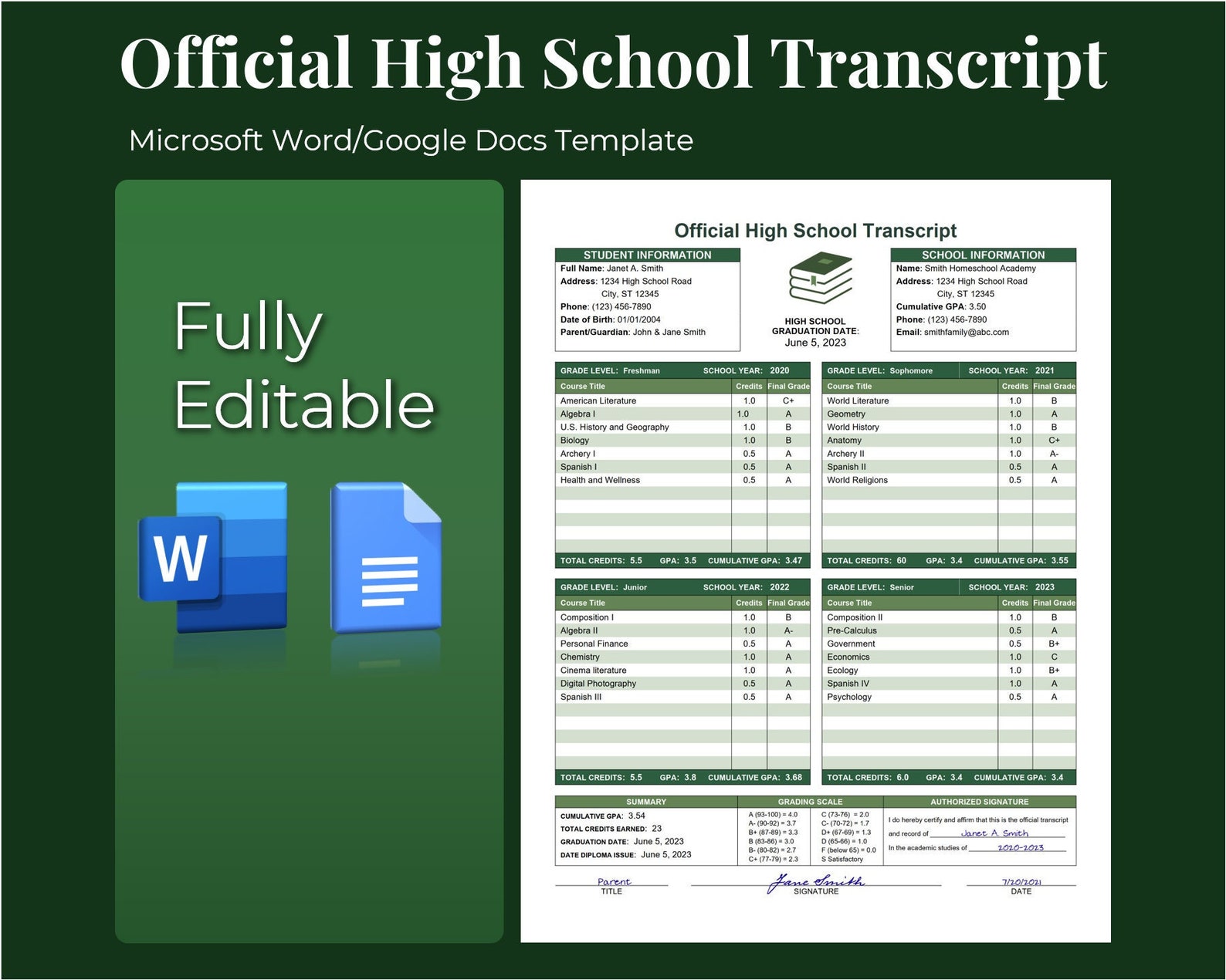 Editable Homeschool Transcript, Fillable and Printable High School ...