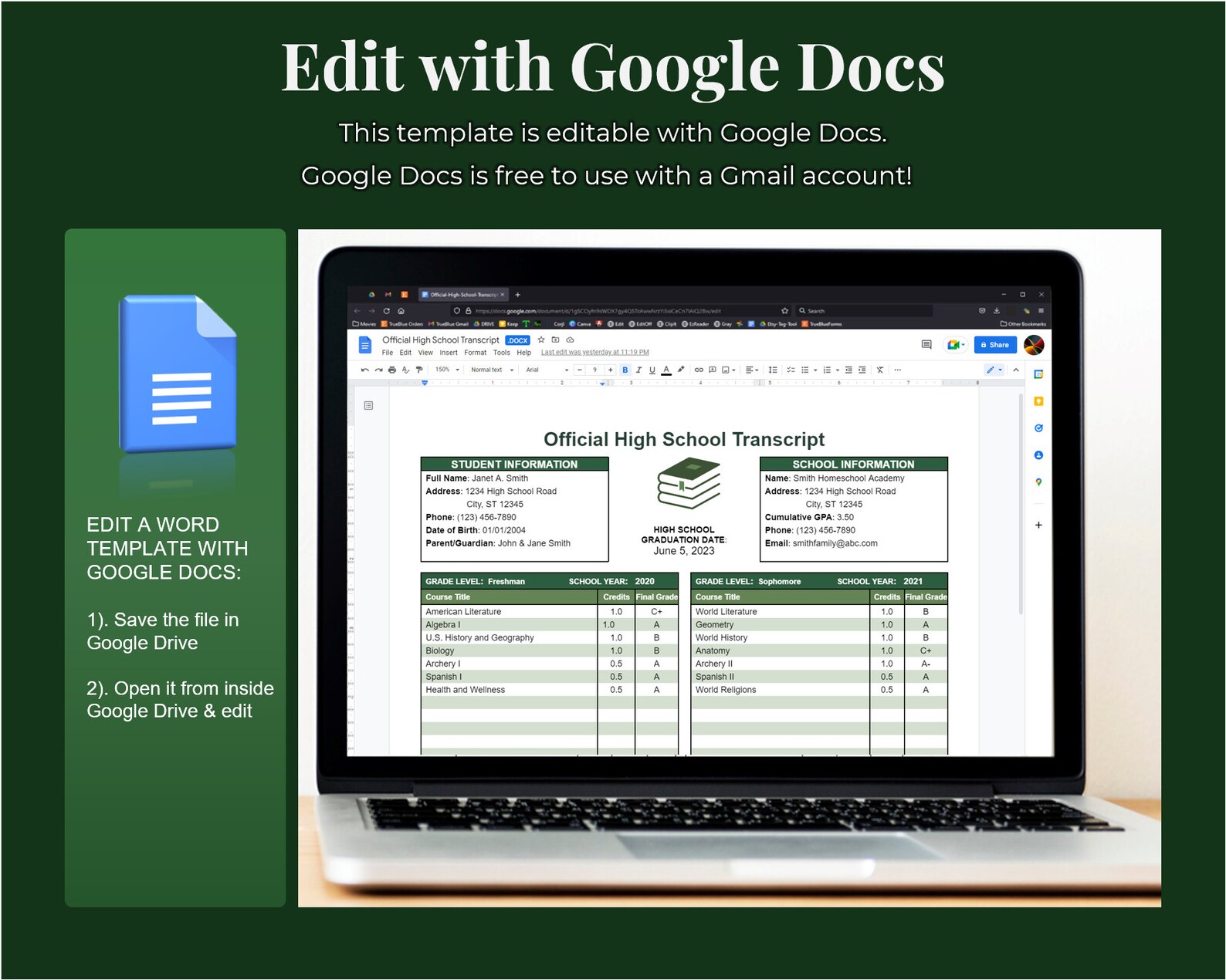 Editable Homeschool Transcript, Fillable and Printable High School ...