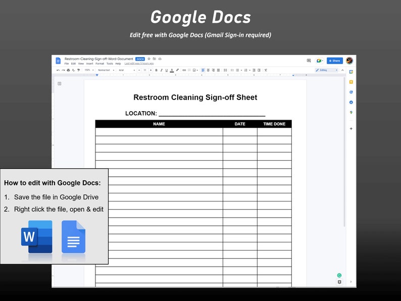 Restroom Cleaning Sign-off Sheet, Employees Bathroom Cleaning Schedule ...