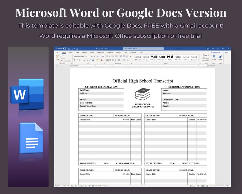 Fillable Printable High School Transcript Template Homeschool - Etsy