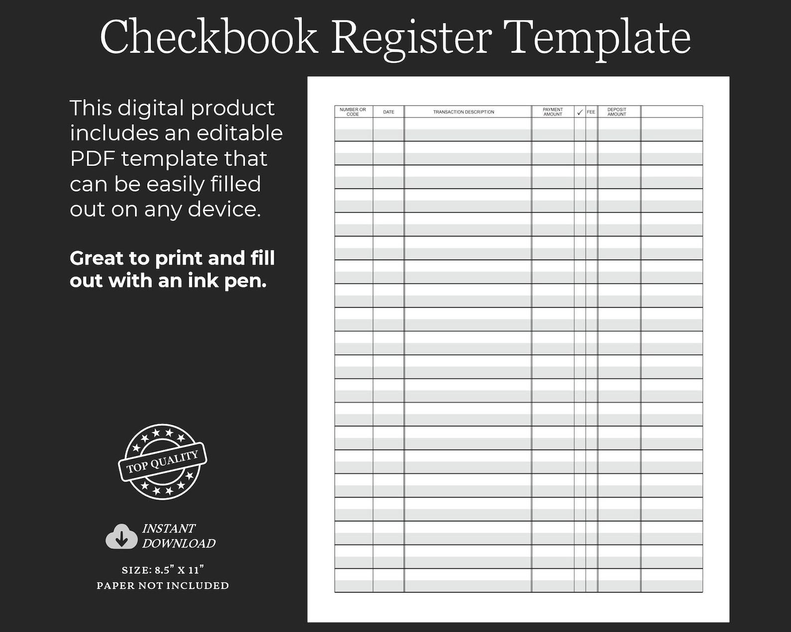 Printable Checkbook Register Template, Check Register Printable ...