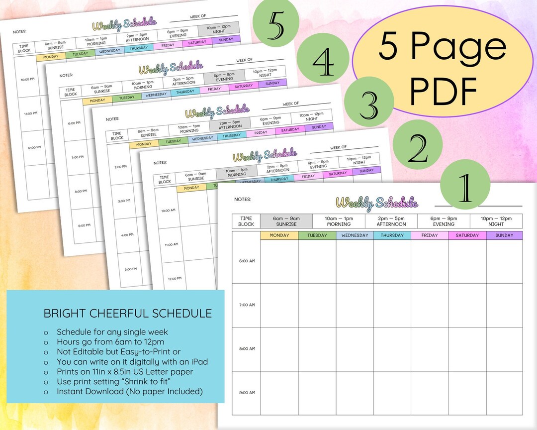 PDF Weekly Schedule to Print or Fill Digitally With a Stylus on an Ipad ...