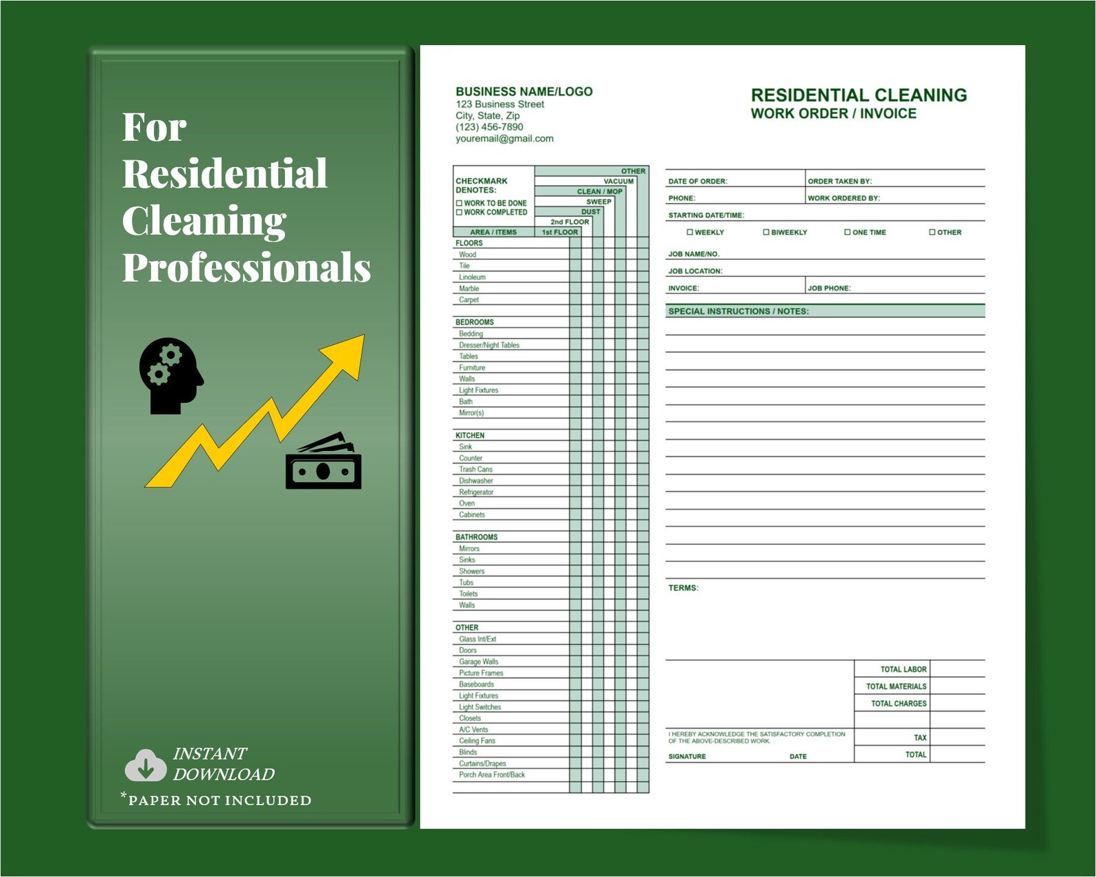 Residential Cleaning WORK ORDER / INVOICE, Cleaning Service Business ...