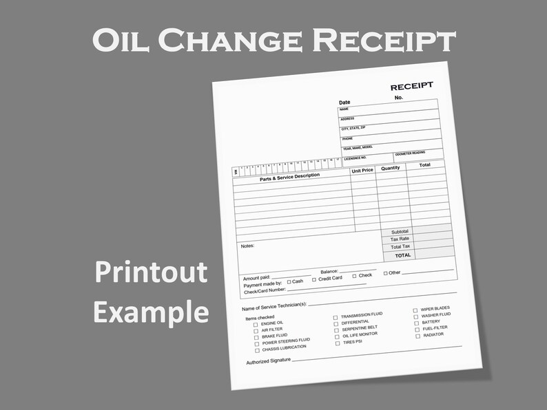 Oil Change Receipt Automotive Service Invoice Editable PDF - Etsy