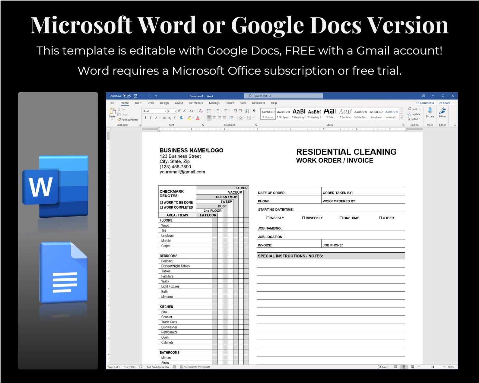Residential Cleaning WORK ORDER / INVOICE, Cleaning Service Business ...