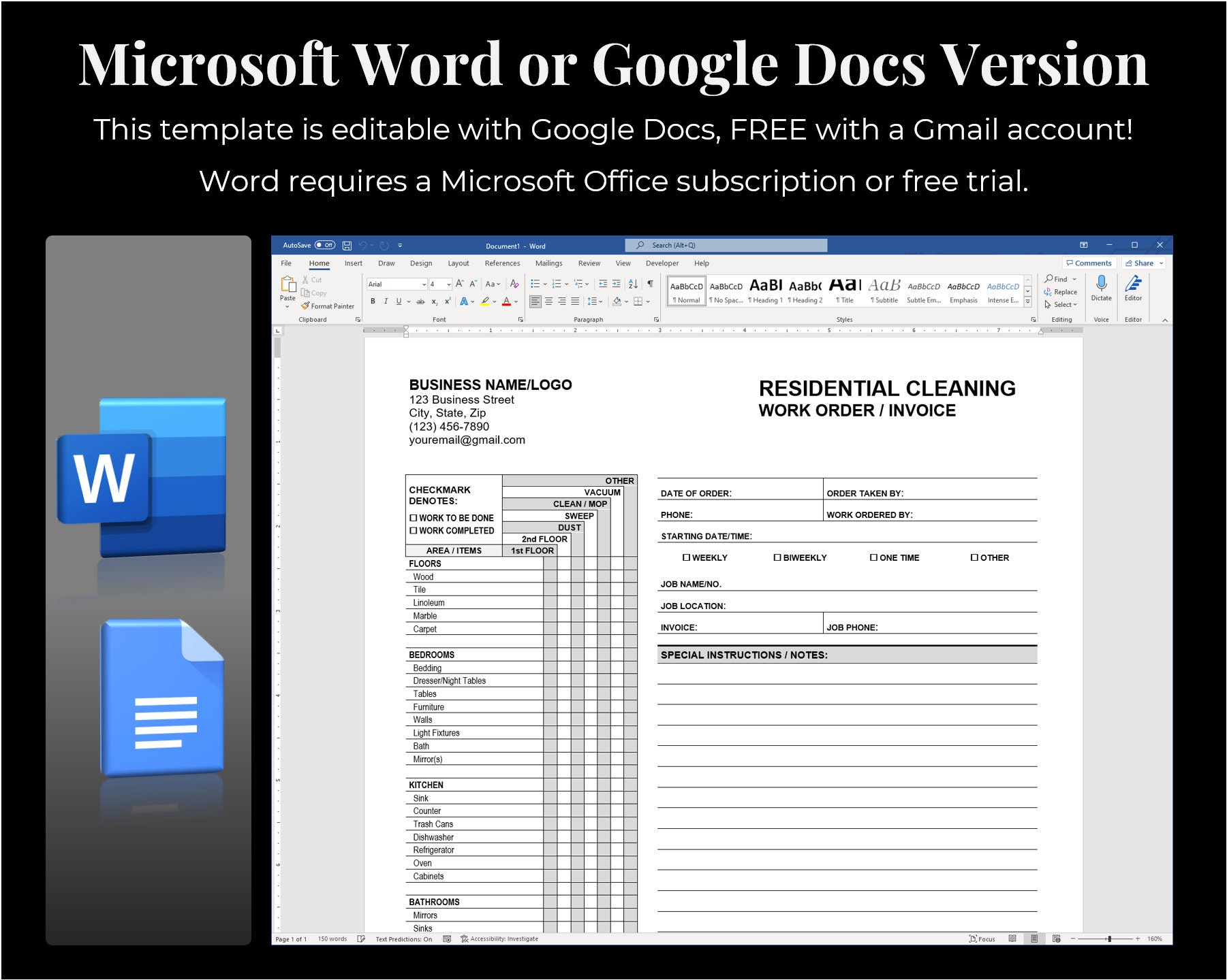 Residential Cleaning WORK ORDER / INVOICE, Cleaning Service Business ...