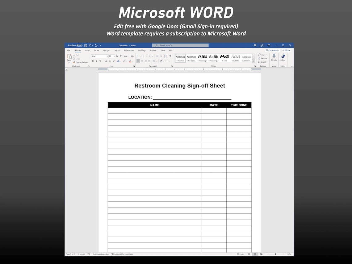 Restroom Cleaning Sign-off Sheet, Employees Bathroom Cleaning Schedule ...