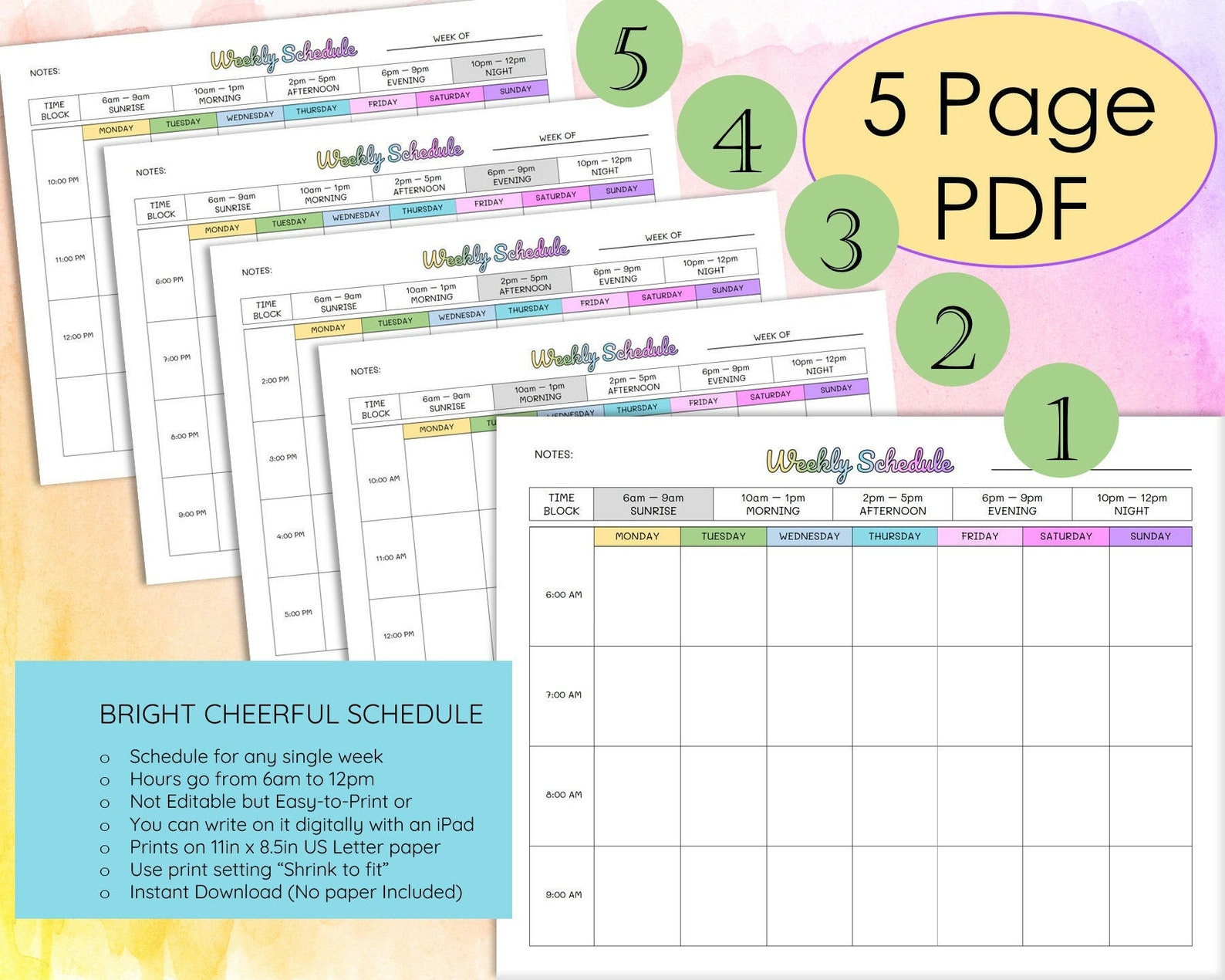 PDF Weekly Schedule to Print or Fill Digitally With a Stylus on an Ipad ...