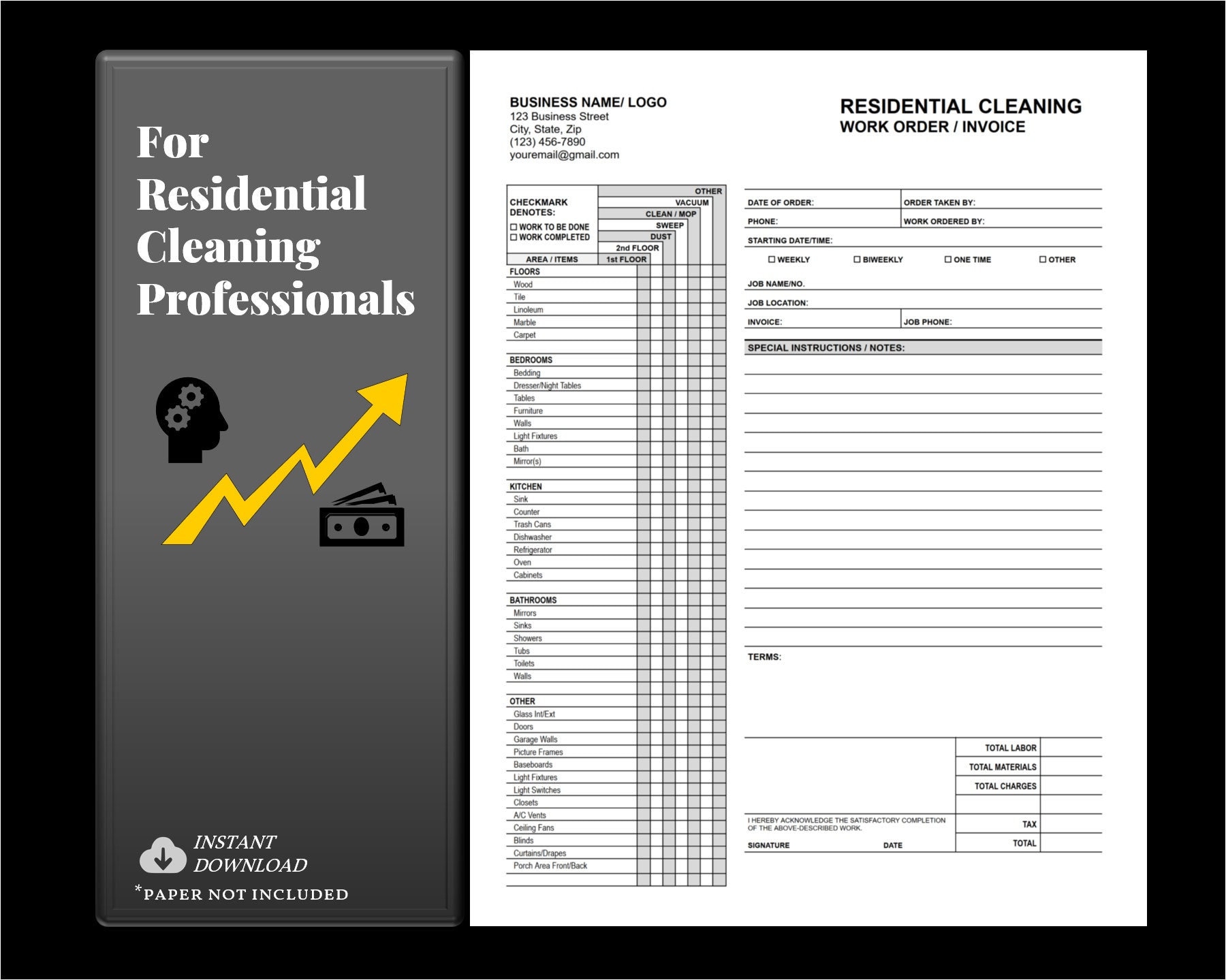 Residential Cleaning WORK ORDER / INVOICE, Cleaning Service Business ...