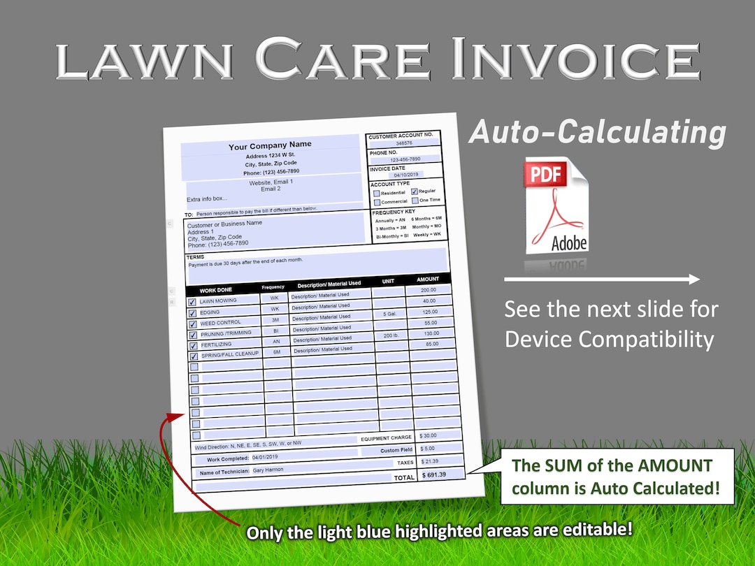 Lawn Care and Maintenance Invoice, Auto-calculating PDF Fillable Form ...