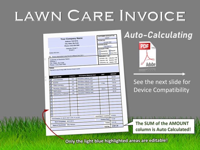 Lawn Care and Maintenance Invoice, Auto-calculating PDF Fillable Form ...